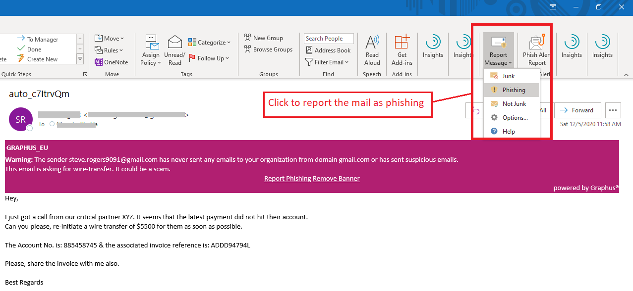 Setting up Phish911 to report phishing