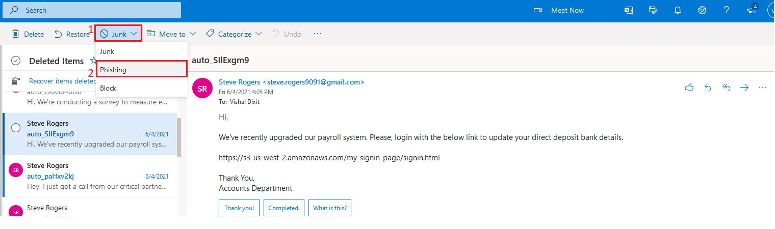Setting up Phish911 to report phishing